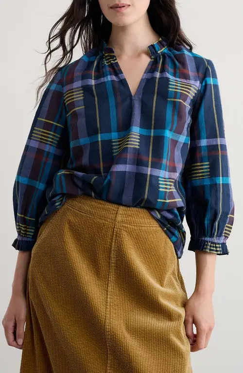 SEASALT CORNWALL Aggie Ruffle Plaid Split Neck Shirt - Cherry Tree Teal