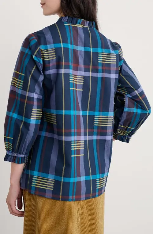 SEASALT CORNWALL Aggie Ruffle Plaid Split Neck Shirt