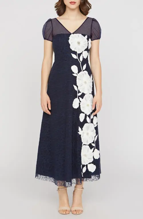 KAY UNGER Layla Floral Appliqué Embroidered Mesh Midi Dress