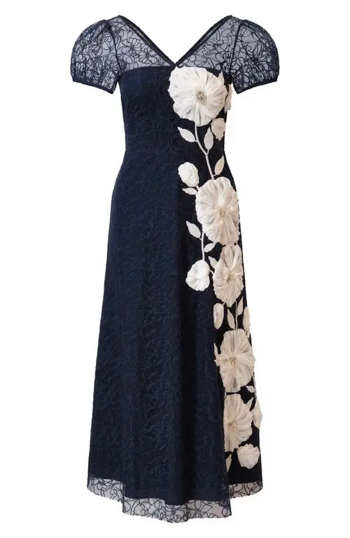 KAY UNGER Layla Floral Appliqué Embroidered Mesh Midi Dress