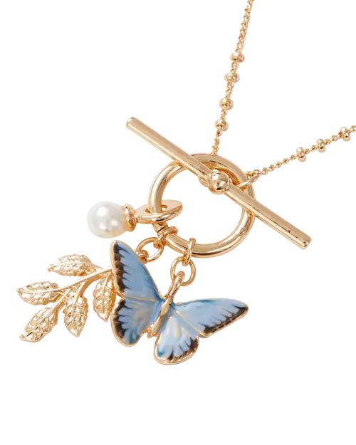FABLE ENGLAND Enamel Butterfly And Leaf Charm Necklace - Multi & Gold