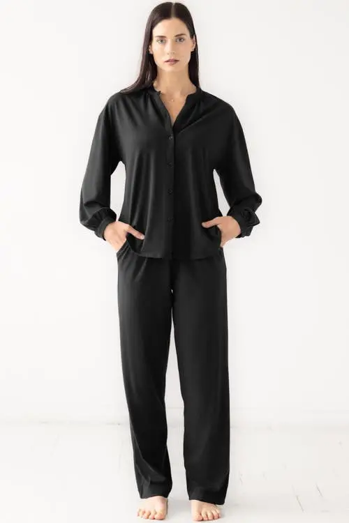 SALUA Mandarin Collar Soft Pima Cotton Pajamas - Black