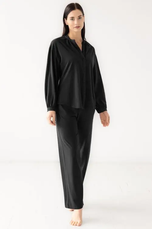 SALUA Mandarin Collar Soft Pima Cotton Pajamas - Black