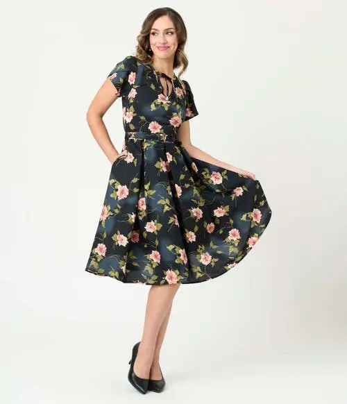 Unique Vintage Short Petal Sleeve Tie Neck Dahlia Swing Dress - Black