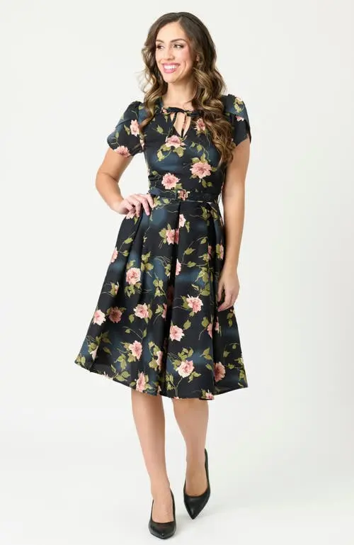 Unique Vintage Floral Swing Dress - Black