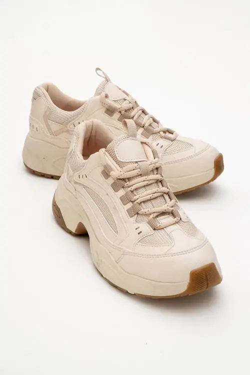 PROLOGUE SHOES Bambi Printed Mesh Sneakers - Beige Faux Leather