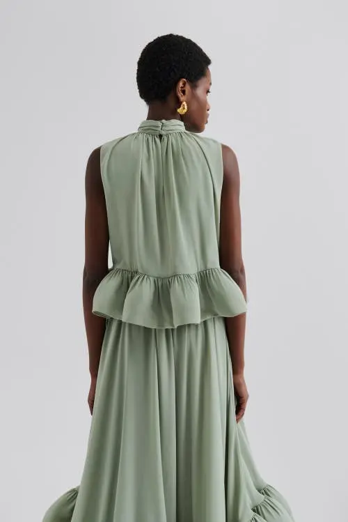MALINA Lune Halterneck Frilled Hem Blouse - Sage