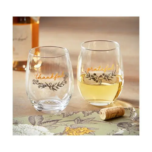 TAG Thankful Sentiment Clear Stemless Wine Glass Dishwasher Safe