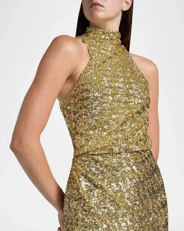 Balmain Draped Sequined Halter Column Gown - Or