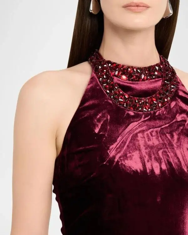 Balmain Crystal Halter Velvet Maxi Dress - Bordeaux