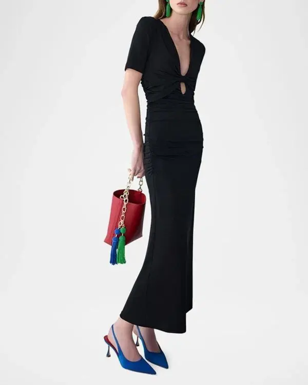 Carolina Herrera Elbow-sleeve Ruched Maxi Dress