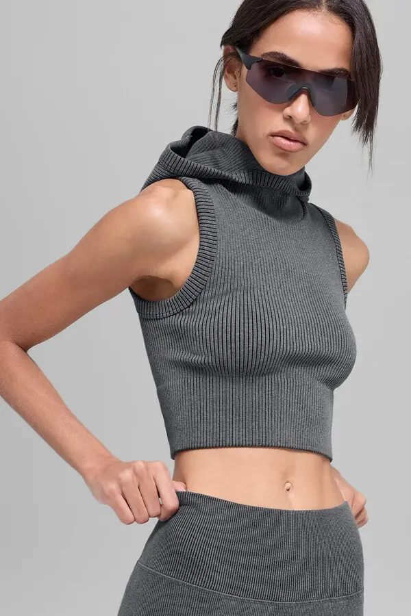 Alo Yoga Seamless Two Tone Rib Hooded Vest - Dark Misty Grey Heather