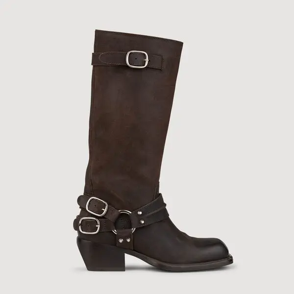 Sandro Leather Biker Boots With Buckles