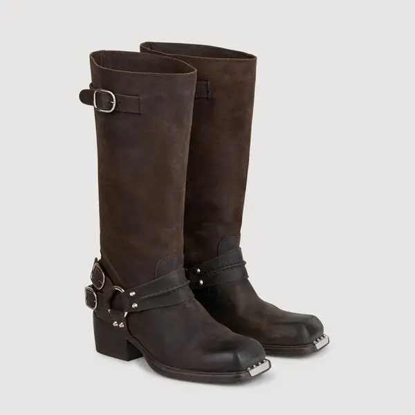 Sandro Leather Biker Boots With Buckles