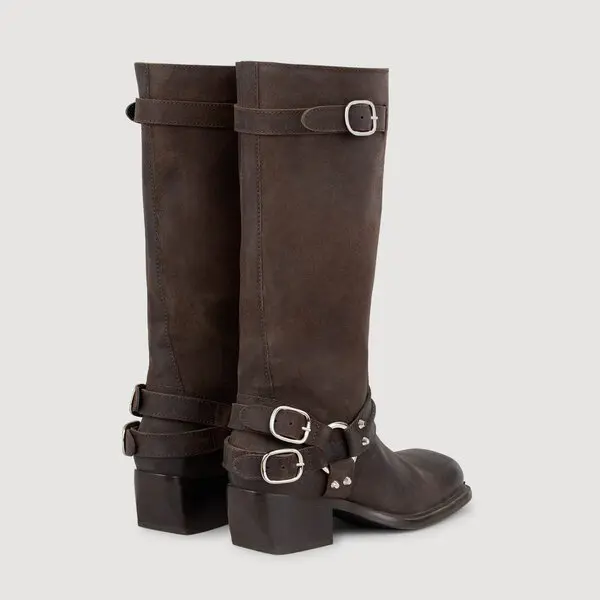 Sandro Leather Biker Boots With Buckles