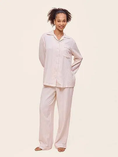 Victoria's Secret Papinelle Super Soft Brushed Herringbone Cotton Pj Set - White,ivory
