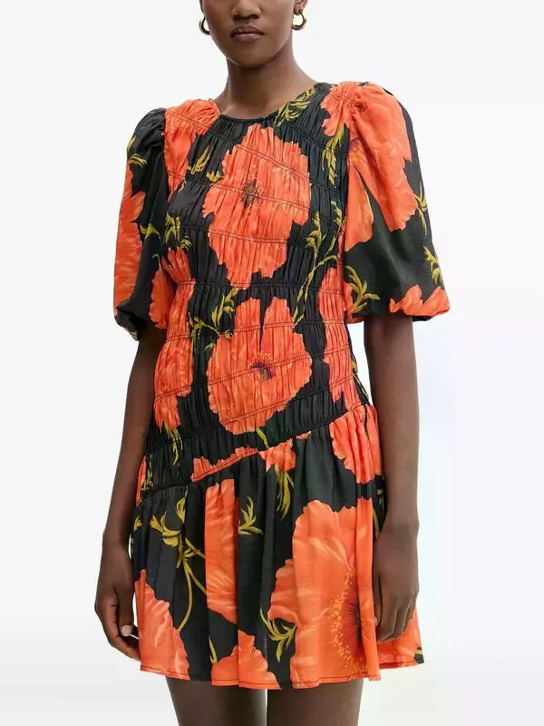 NEVER FULLY DRESSED Shirred Floral Midi Dress