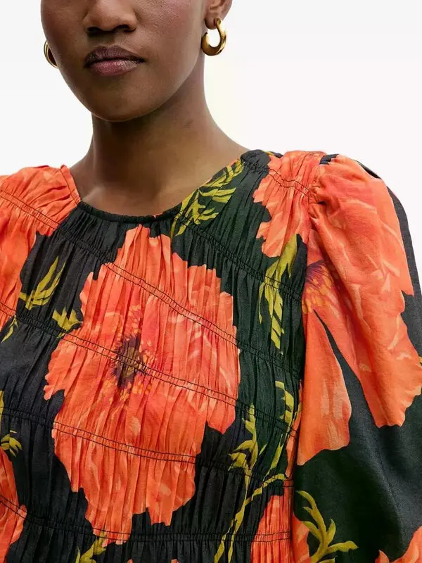 NEVER FULLY DRESSED Shirred Floral Midi Dress