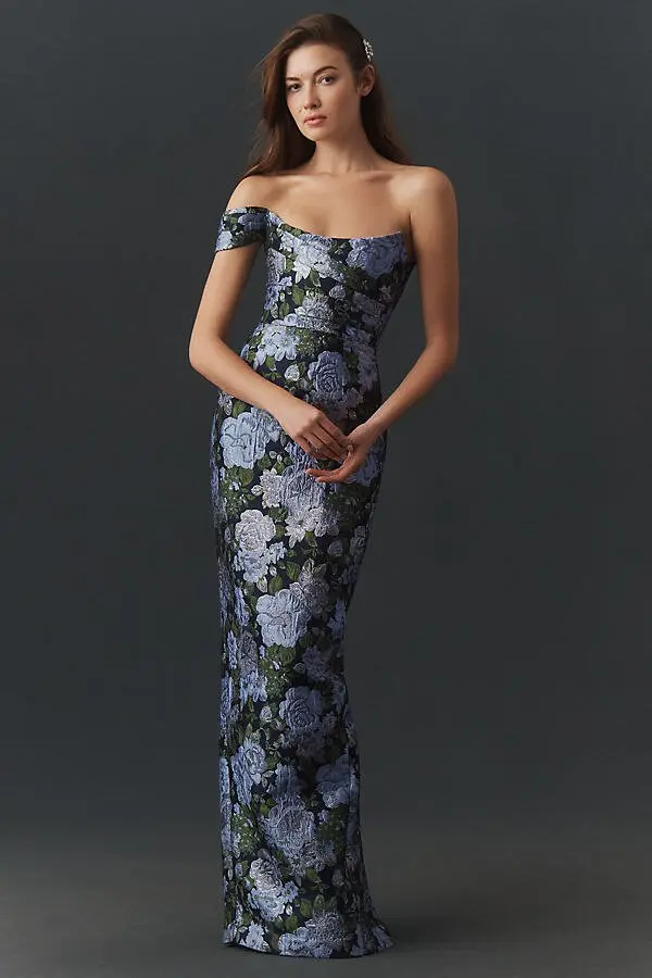 navy blue dress for baby girl Off-The-Shoulder Asymmetric Floral Jacquard Dress – John Paul Ataker main image 0