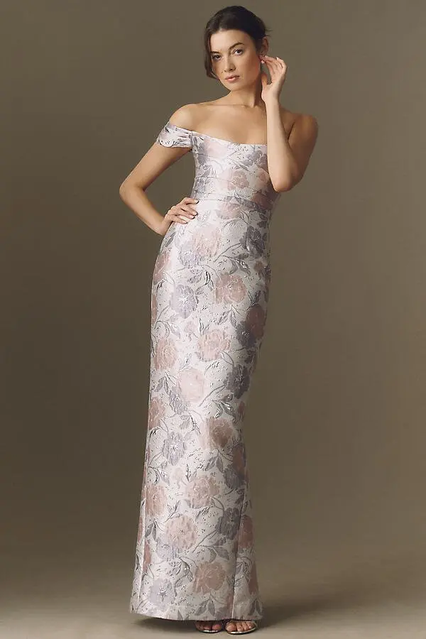 SAU LEE Asymmetric Jacquard Column Maxi Dress - Lilac Multi