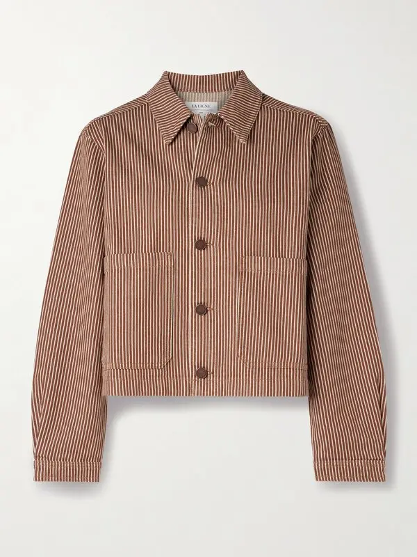 LA LIGNE Val Cropped Striped Denim Jacket - Brown