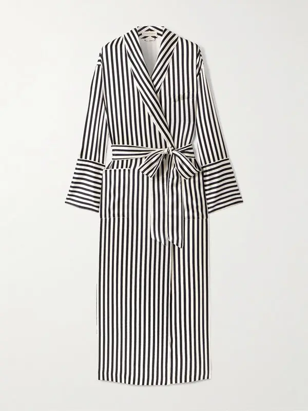 Olivia Von Halle Nika Belted Striped Silk-satin Robe - Black