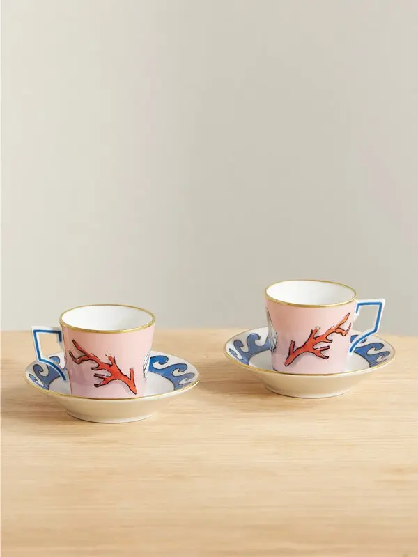 GINORI 1735 Luke Edward Hall Il Viaggio Di Nettuno Set Of Two Gold-plated Porcelain Coffee Cups And Saucers - Pink