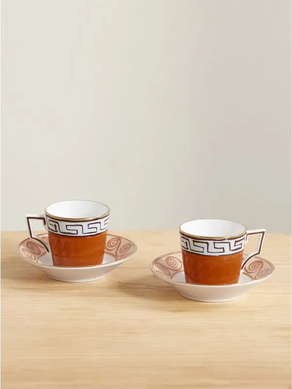 GINORI 1735 Luke Edward Hall Il Viaggio Di Nettuno Set Of Two Gold-plated Porcelain Coffee Cups And Saucers - Orange