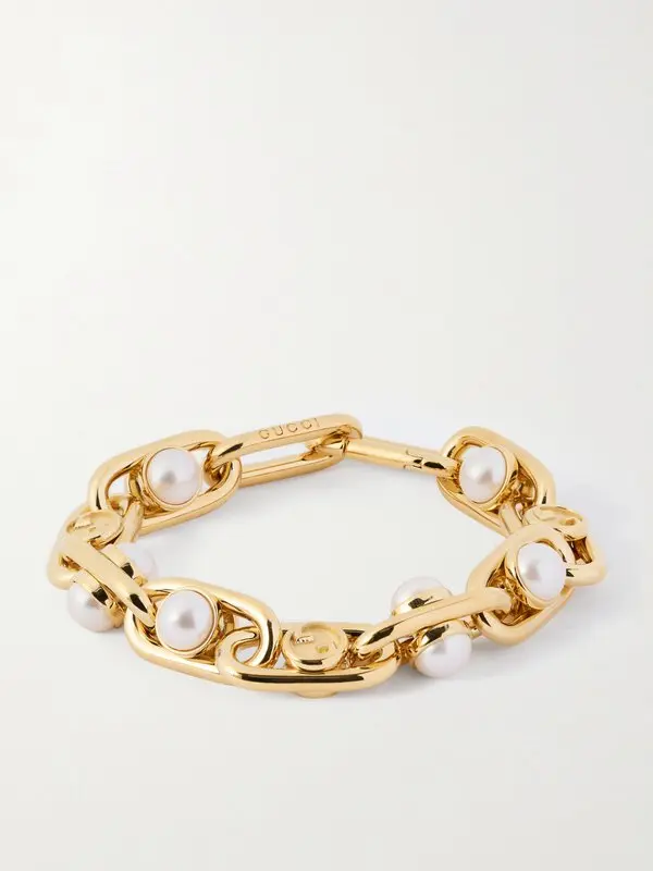 Gucci Gg Faux Pearl Link Bracelet - Gold