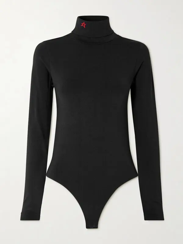 Perfect Moment Embroidered Jersey Turtleneck Bodysuit - Black