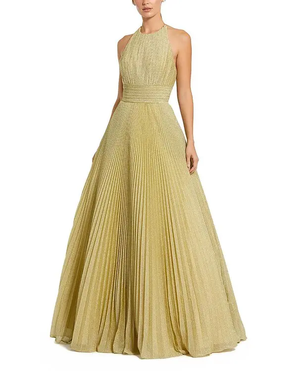 Mac Duggal Shimmering Pleated Georgette High Neck Gown