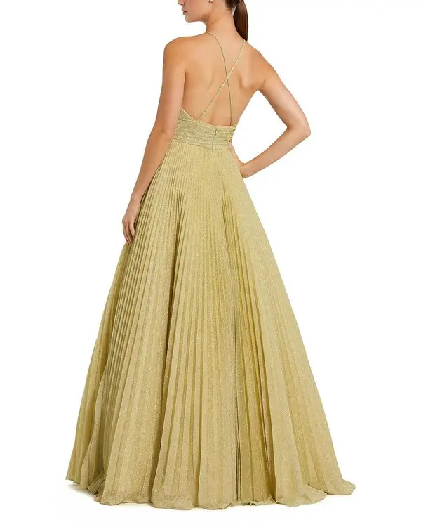 Mac Duggal Shimmering Pleated Georgette High Neck Gown