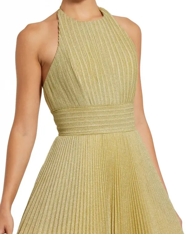 Mac Duggal Shimmering Pleated Georgette High Neck Gown