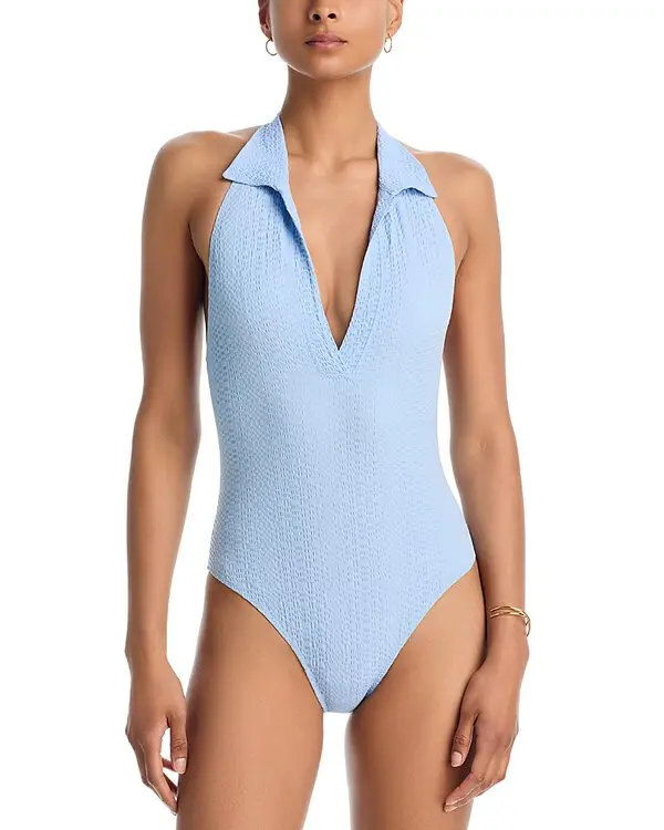 Lisa Marie Fernandez Polo Maillot Collared One Piece Swimsuit - Sea Blue Seersucker