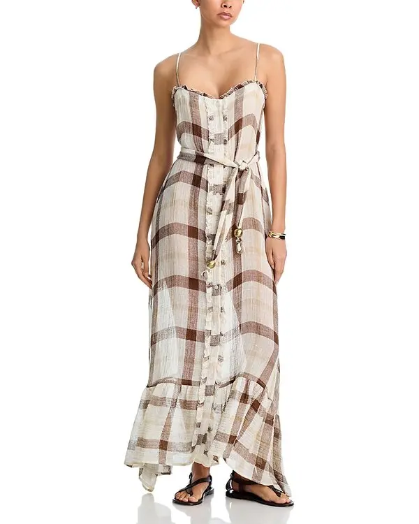 Lisa Marie Fernandez Belted Cover-up Dress - White/yellow/brown Windowpane Gauze