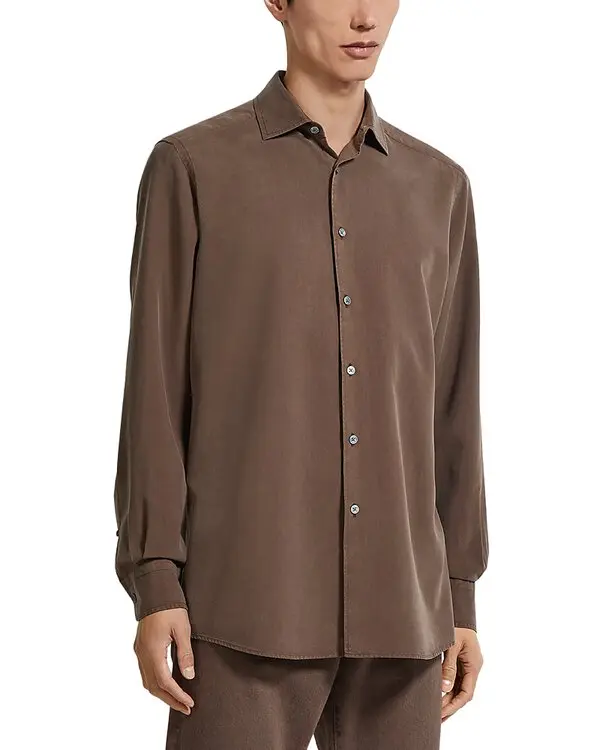 Zegna Long Sleeve Button Front Silk Shirt - Brown