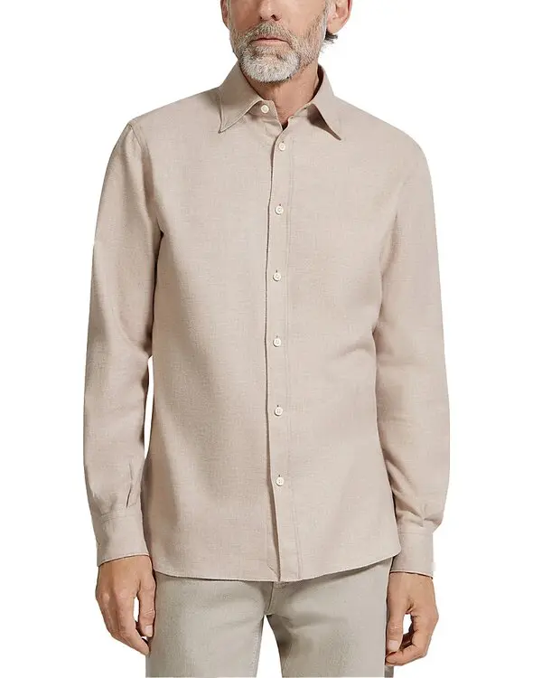Zegna Long Sleeve Button Front Cotton Shirt - Light Taupe Mélange