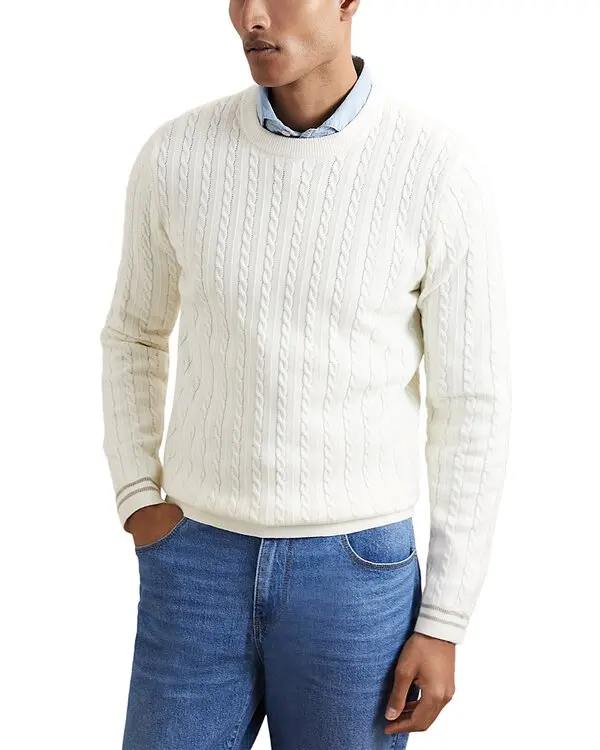 REISS Long Sleeve Cable Knit Crewneck Sweater - White