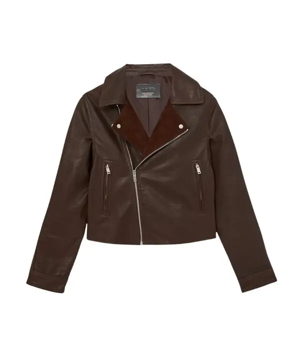 REISS Lidia Leather Biker Jacket - Chocolate