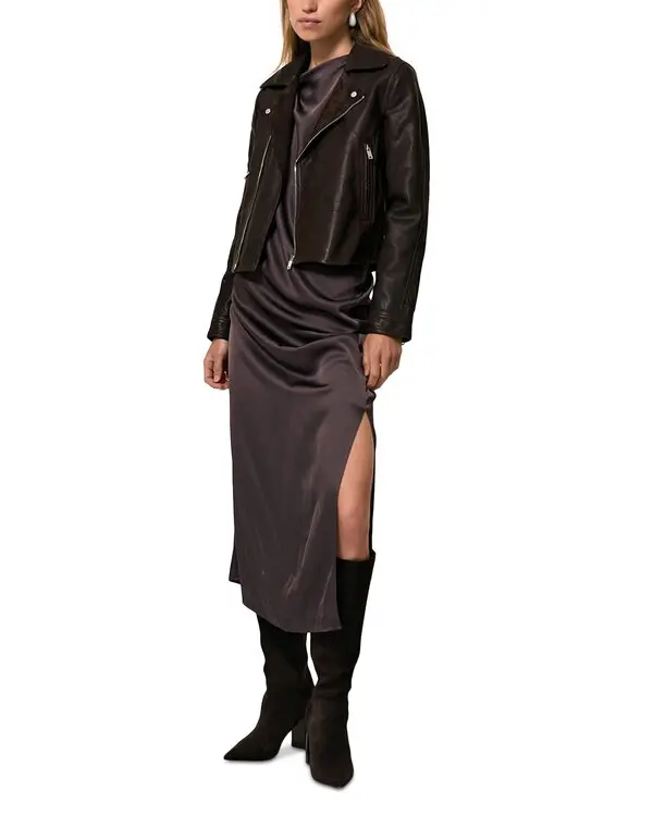 REISS Lidia Leather Biker Jacket - Chocolate