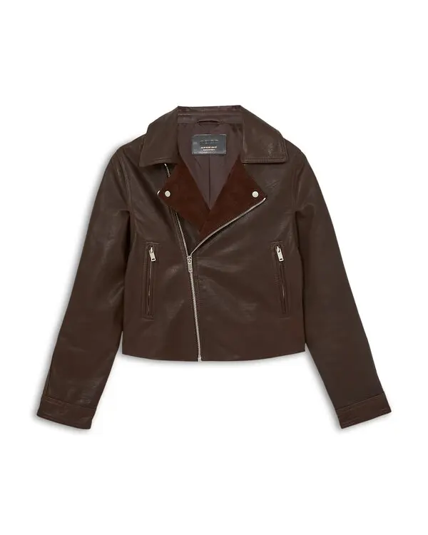 REISS Lidia Leather Biker Jacket - Chocolate