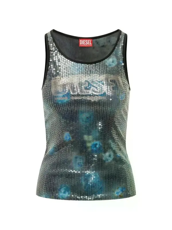 DIESEL® Sequined Floral Print Tank Top - Blue