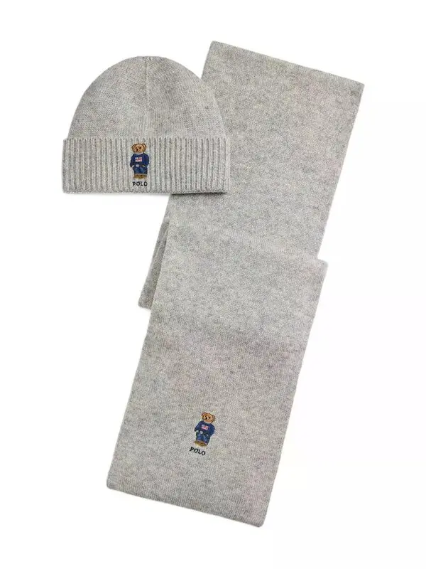 Polo Ralph Lauren Embroidered Scarf And Beanie Set - Grey