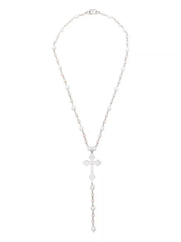 DARKAI Pearls Rosary Beaded Cross Pendant Necklace - White