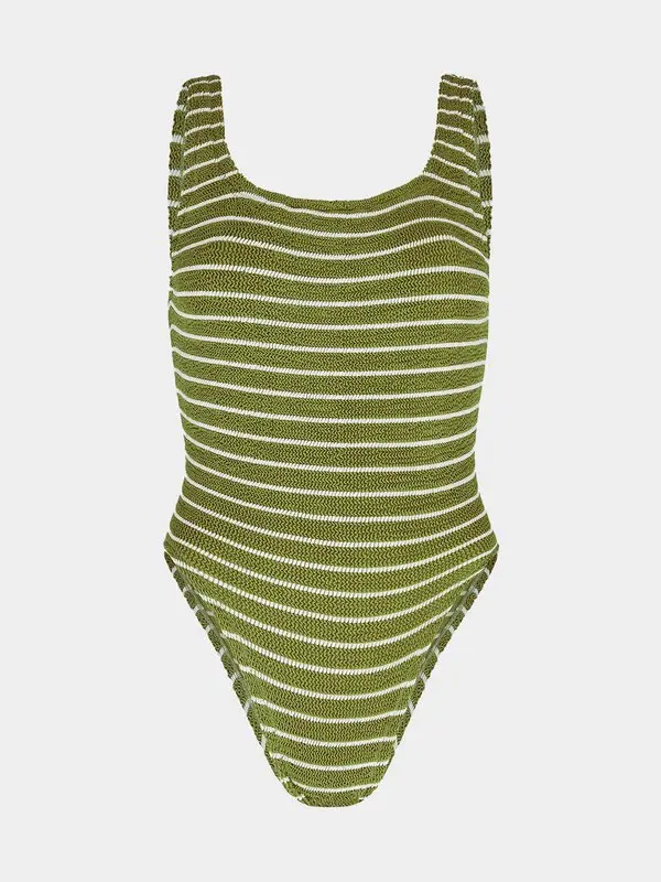 Hunza G Square Neck One Piece Swimsuit - Metallic Moss/white Stripe