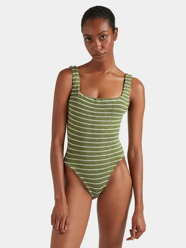 Hunza G Square Neck One Piece Swimsuit - Metallic Moss/white Stripe