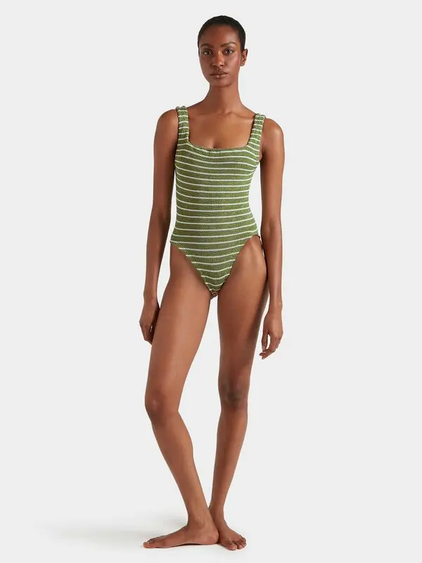 Hunza G Square Neck One Piece Swimsuit - Metallic Moss/white Stripe