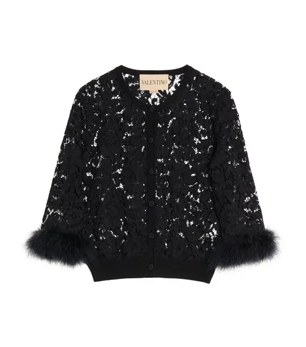 Valentino Garavani Lace Feather-trim Cardigan - Black