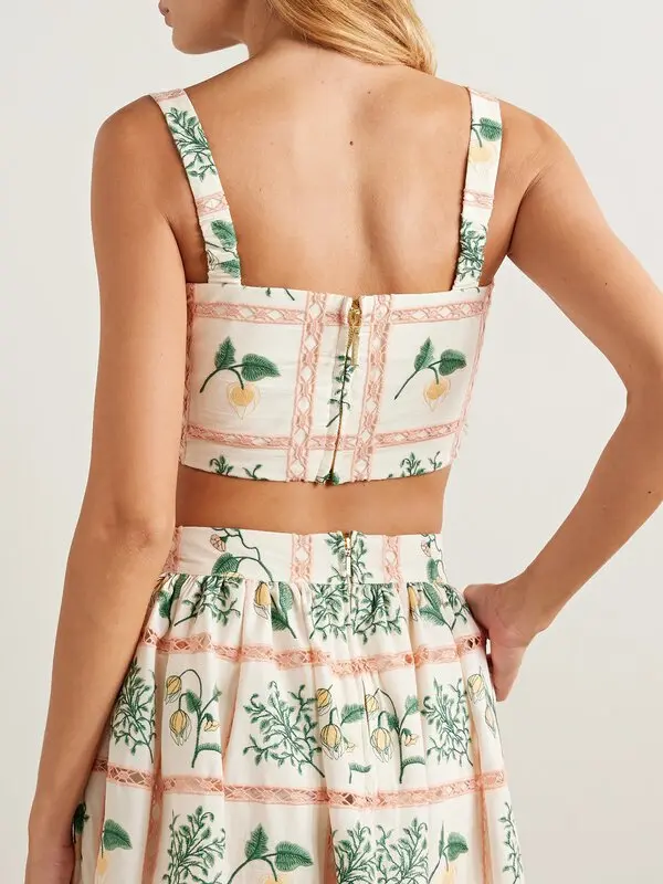 Agua Bendita Cropped Cotton Top With Crochet Trim And Floral Embroidery