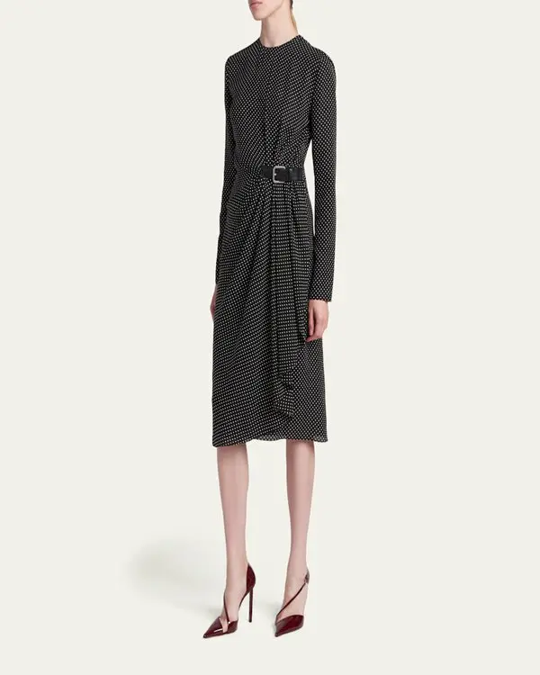 TOM FORD Polka Dot Gathered Buckle Midi Dress